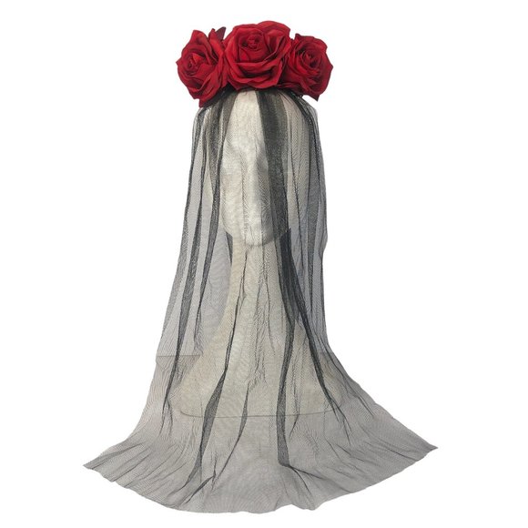 Accessories | Red Roses Hair Slide Comb W Black Veil Day Of The Dead ...